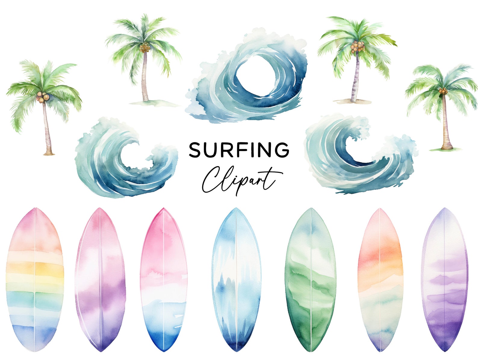Surfer Clipart Bundle, Watercolor Surfboard Ocean Waves PNG for Beach ...