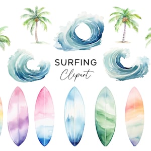 Surfer Clipart Bundle, Watercolor Surfboard Ocean Waves PNG for Beach ...