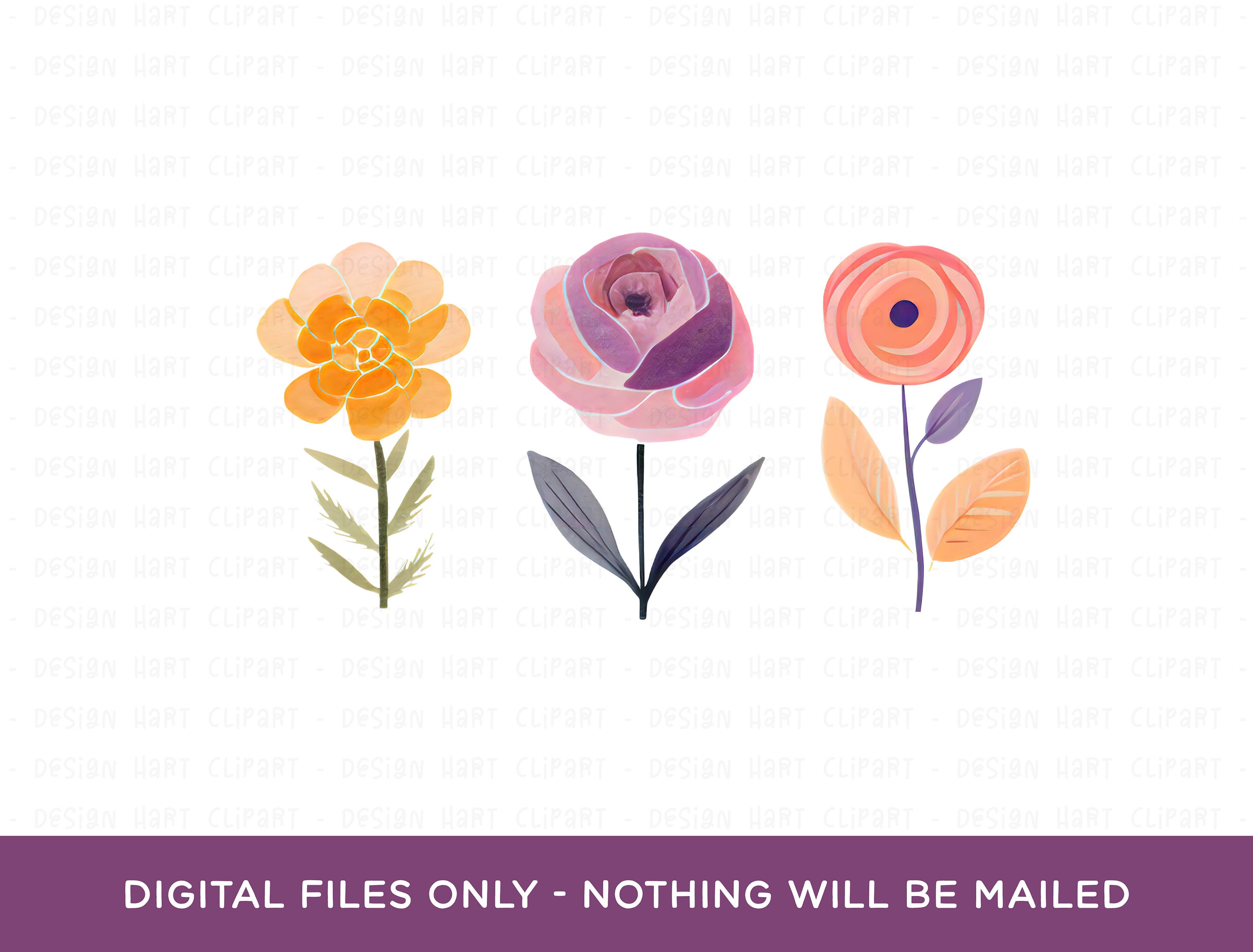 Floral Clipart Bundle Set, Folk Flowers Botanical Colorful Boho Spring ...