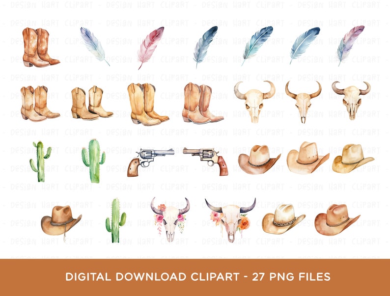Cowboy Clipart Bundle, Watercolor Rodeo Western Boots Cactus Pistol Cow ...