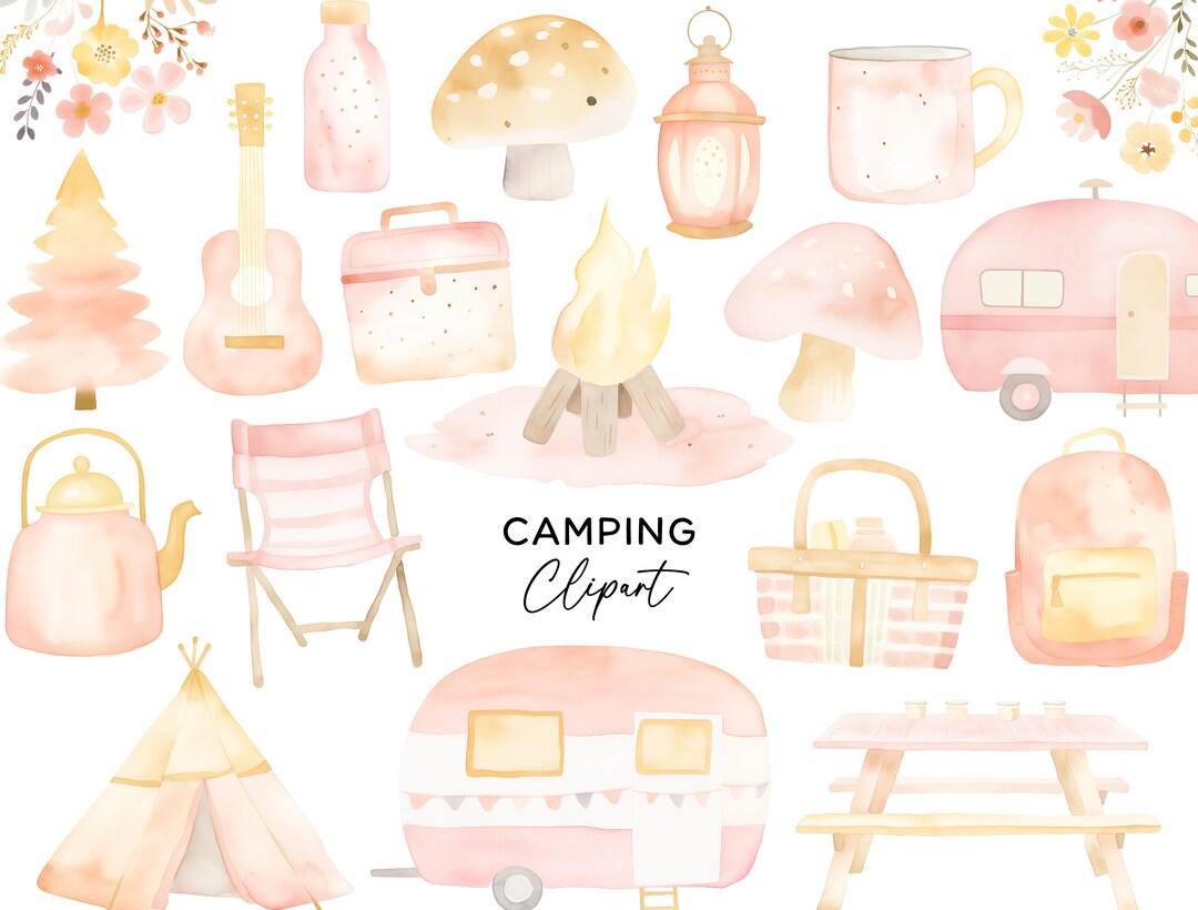 Pink Camping Clipart Bundle, Camper Caravan Tent Outdoor Adventure ...