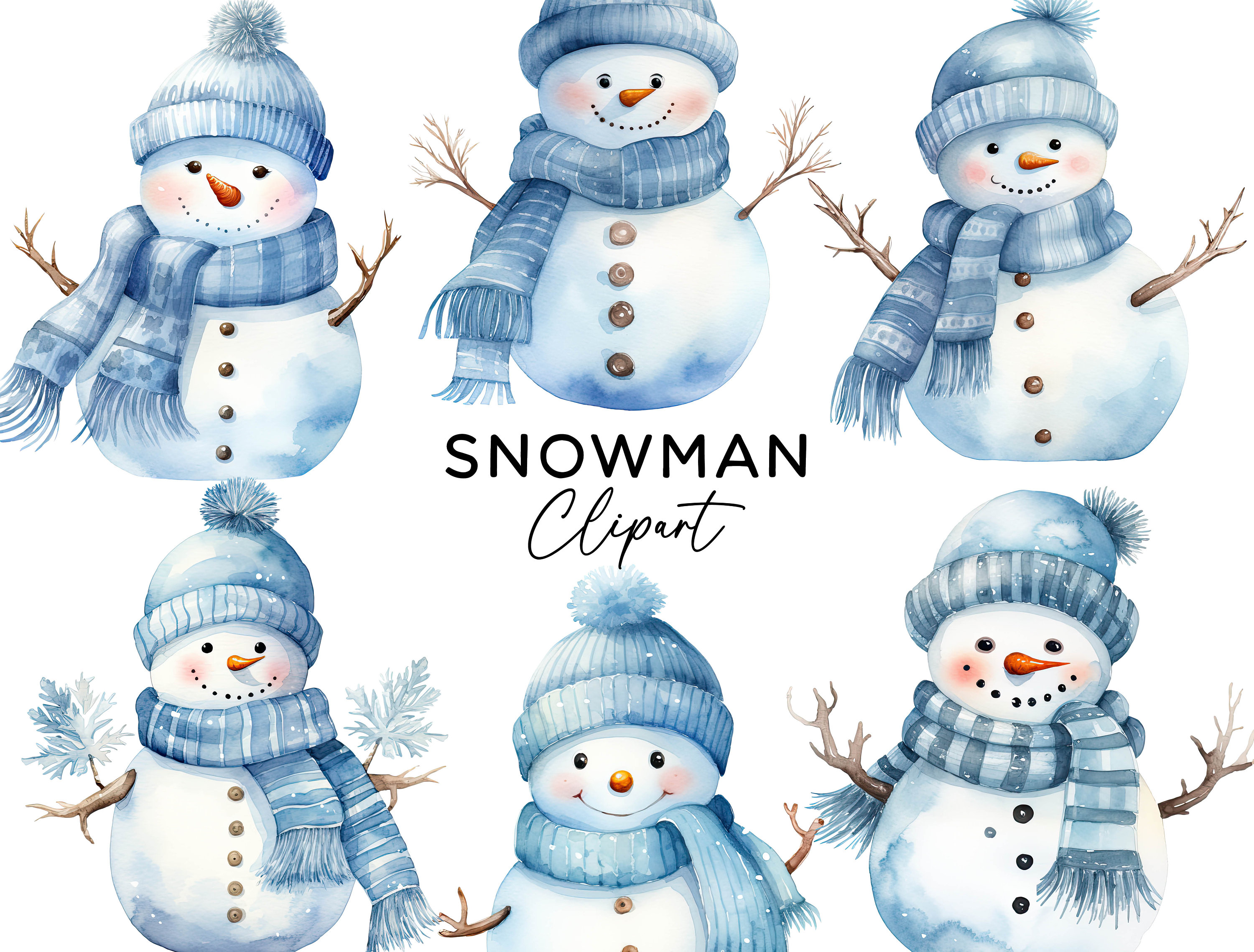 Snowman Clipart Bundle, Watercolor Blue Scarf Winter Holiday Christmas ...