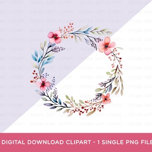 Botanical Wreath Clipart - Watercolor Wildflower Floral PNG in Pink ...