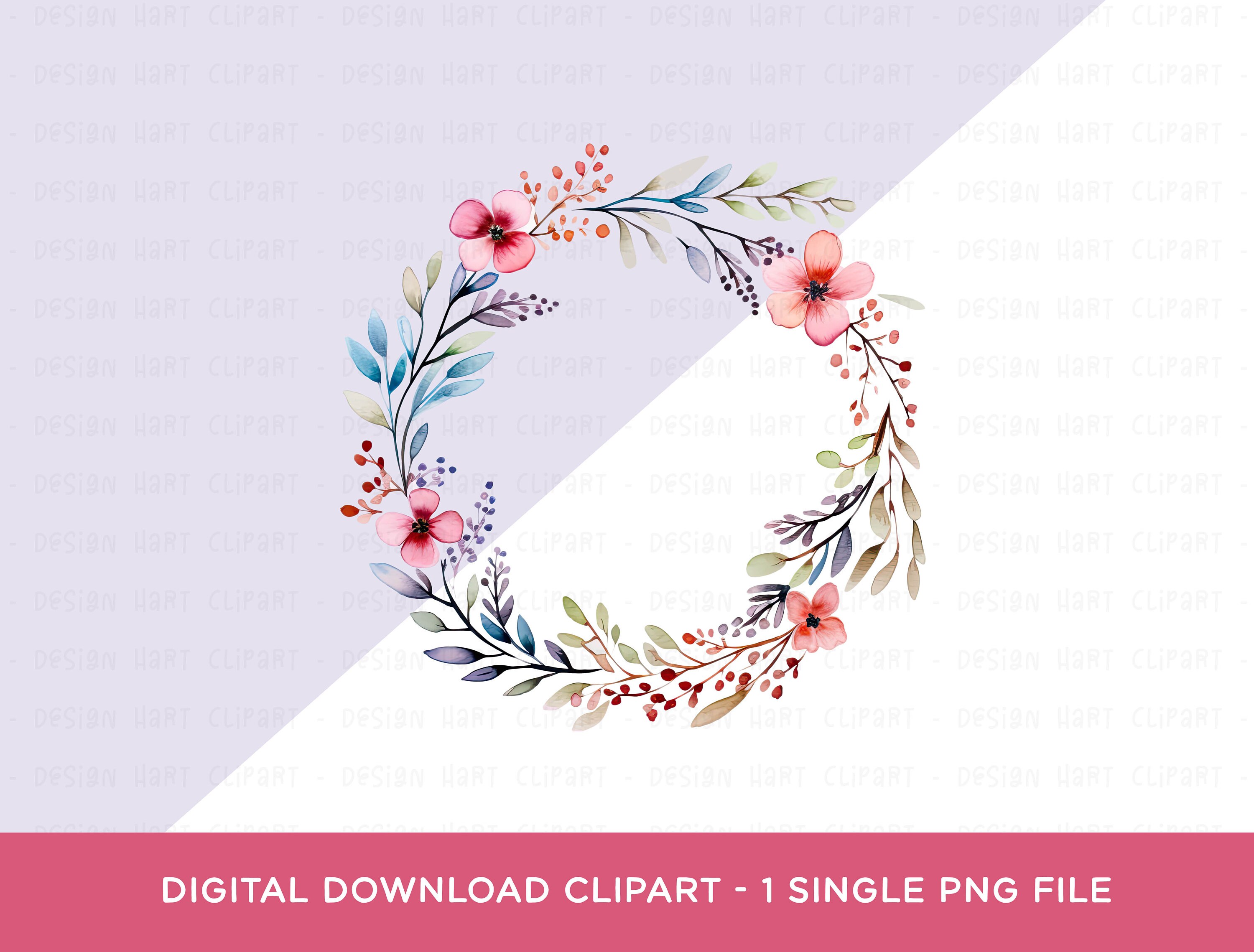 Botanical Wreath Clipart Watercolor Wildflower Floral PNG in Pink ...