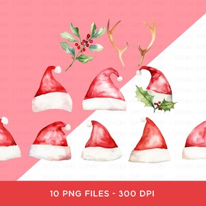 Santa Hat Clipart Bundle: Watercolor Christmas Red Hat PNG Sublimation ...
