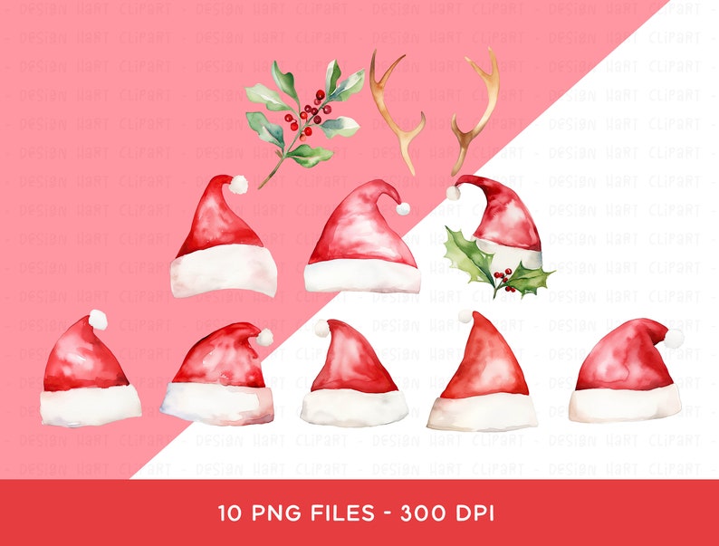 Santa Hat Clipart Bundle: Watercolor Christmas Red Hat PNG - Etsy