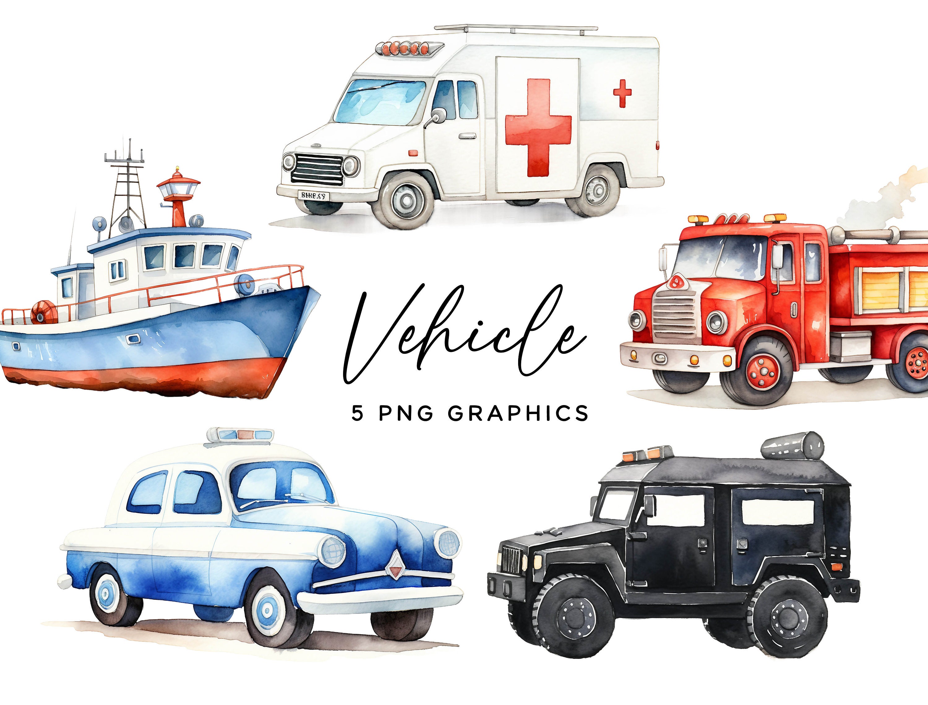 Vehicles Clipart Bundle Watercolor Emergency Vehincles Ambulance Police ...