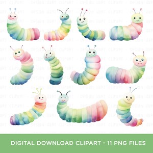Caterpillar Clipart Bundle, Cute Rainbow Bug Caterpillars Watercolor ...