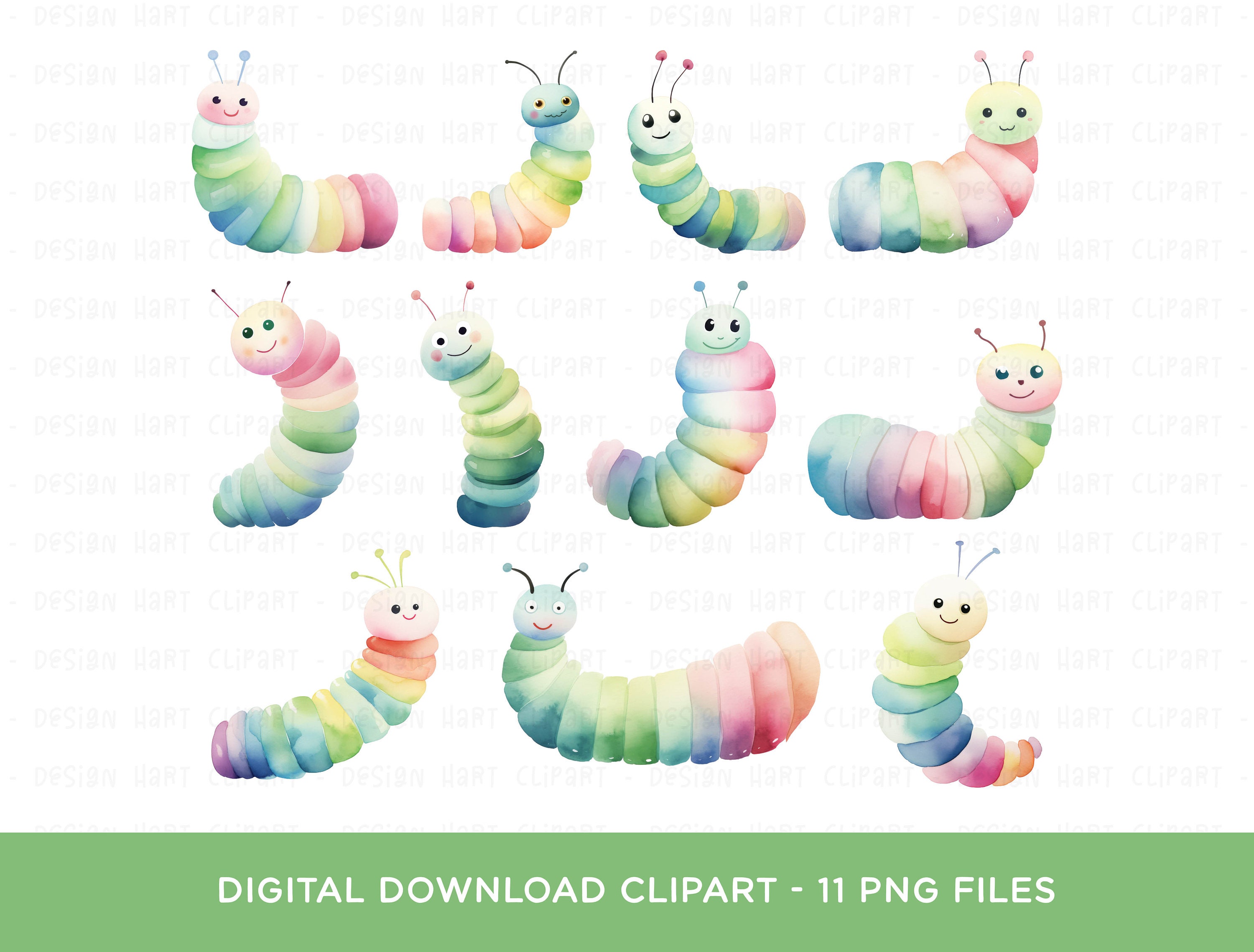 Caterpillar Clipart Bundle, Cute Rainbow Bug Caterpillars Watercolor ...