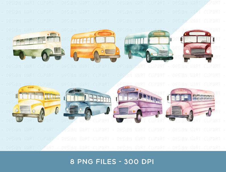 School Bus Clipart Bundle - Watercolor Colorful Pastel PNG Vehicles for ...