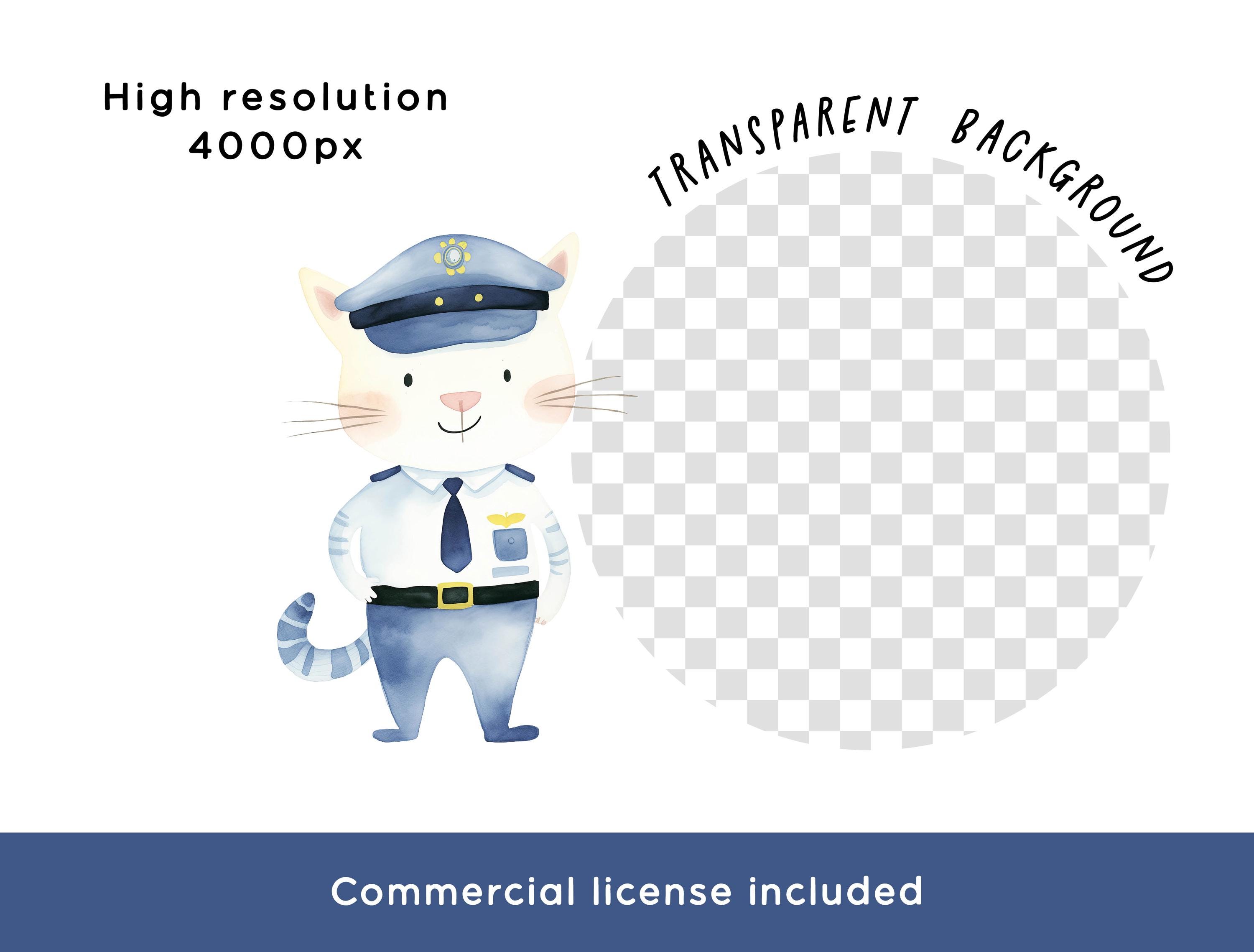 Police Cat Clipart Bundle, Watercolor Kitty Policeman Car Gun Handcuffs ...