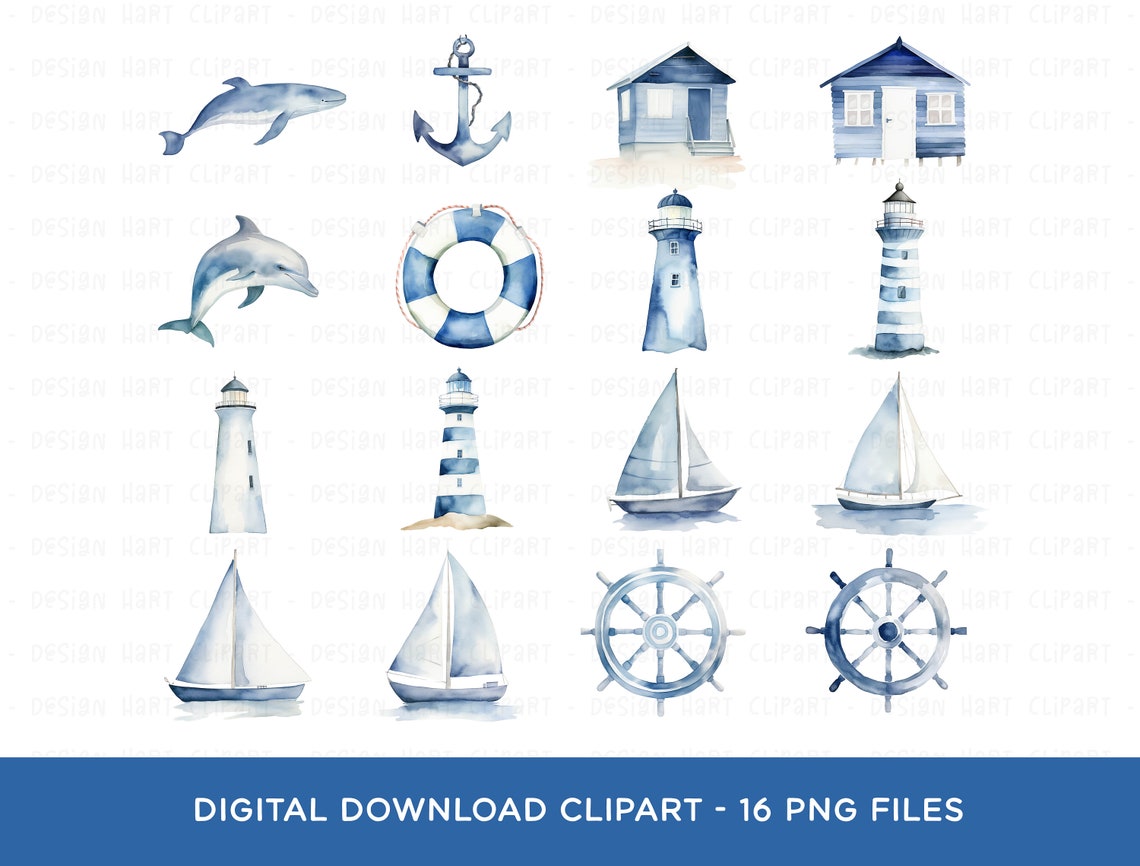 Sailor Clipart Bundle Set, Watercolor Lighthouse Anchor Boat Beach ...