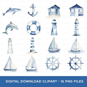 Sailor Clipart Bundle Set, Watercolor Lighthouse Anchor Boat Beach ...