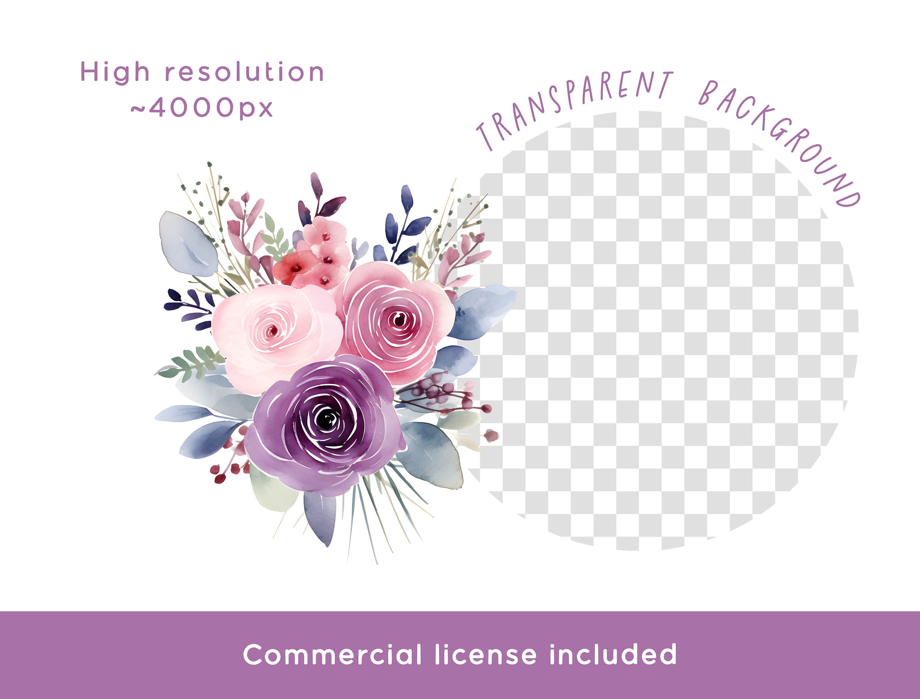 Flower Bouquet Clipart Watercolor Pink Purple Floral Bunch PNG, Digital ...