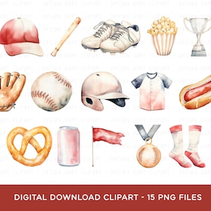 Baseball Clipart Bundle, Sport Baseball Watercolor PNG Ball Glove Bat ...