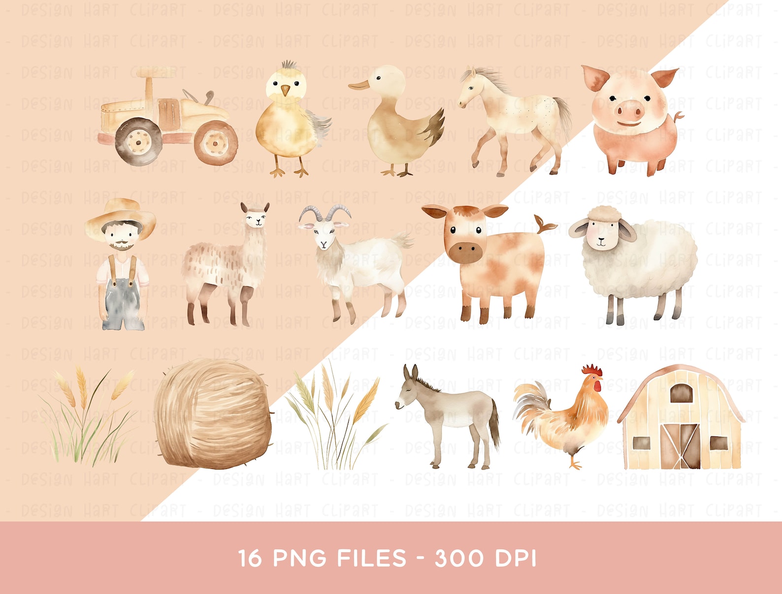 Farm Animals Clipart Bundle Watercolor Barnyard Tractor Pig Duck Horse ...
