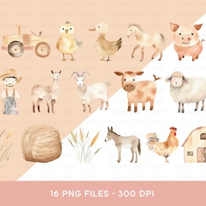 Farm Animals Clipart Bundle - Watercolor Barnyard Tractor Pig Duck ...