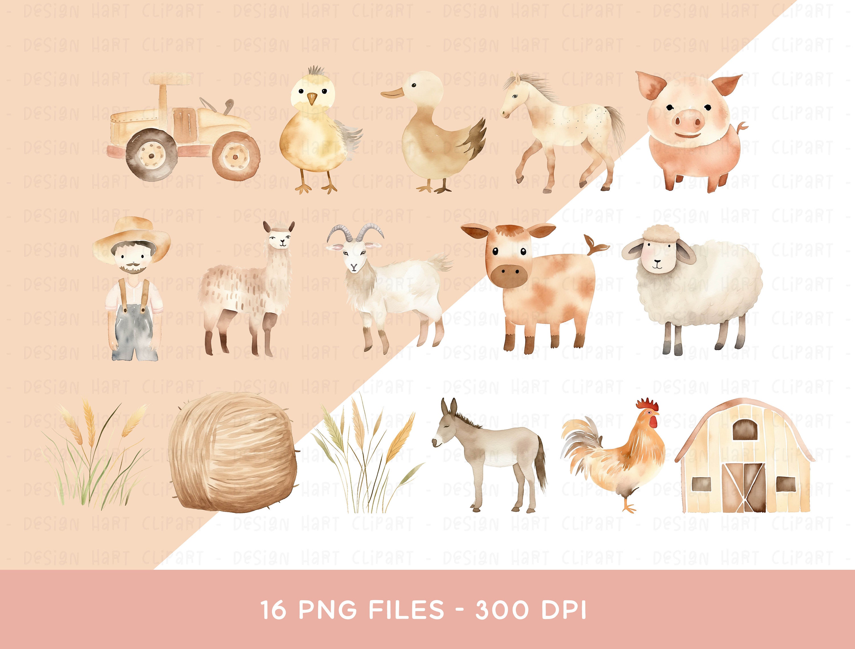 Farm Animals Clipart Bundle Watercolor Barnyard Tractor Pig Duck Horse ...