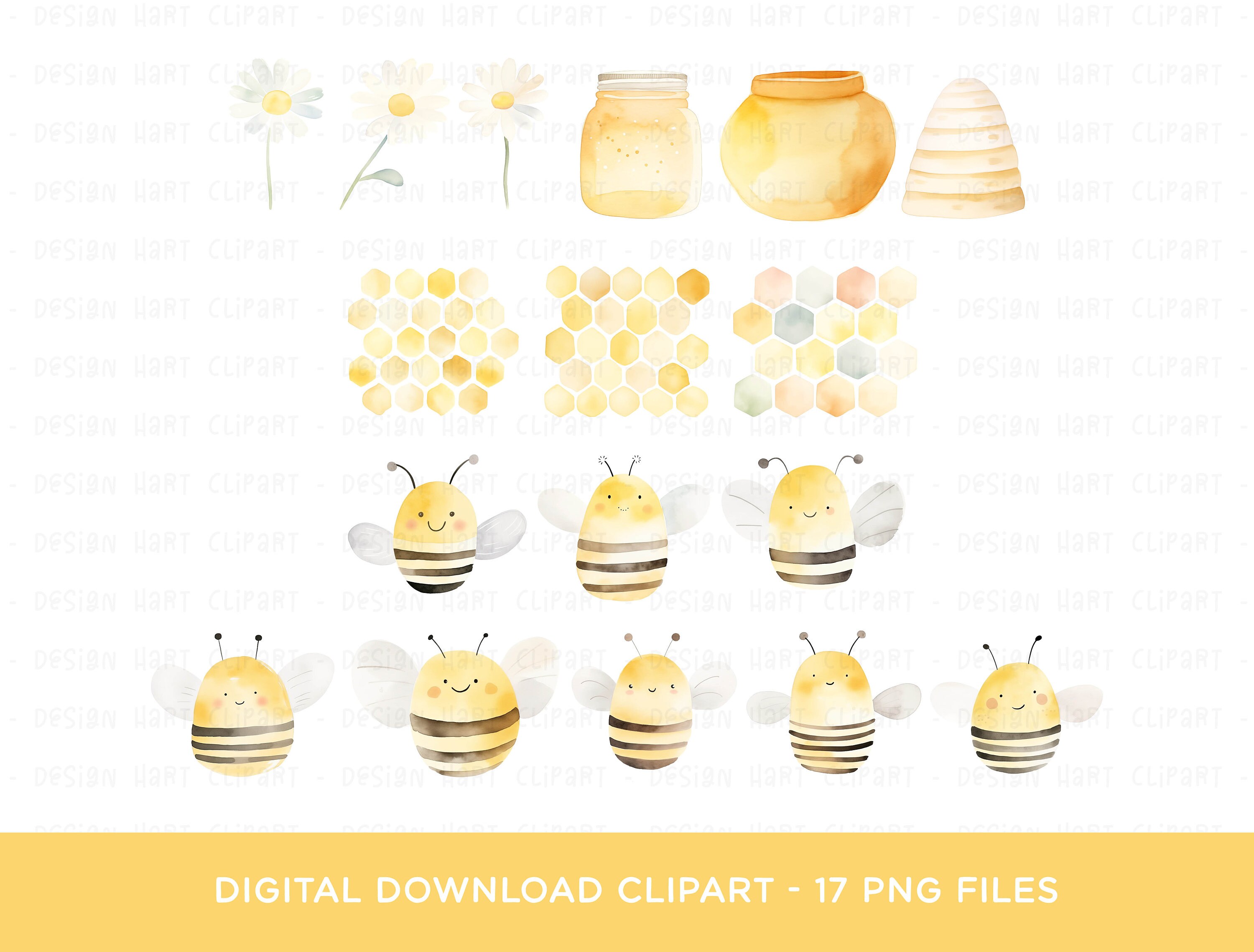 Bee Clipart Bundle, Watercolor Bumble Bee Honeycomb Daisy Hive PNG ...