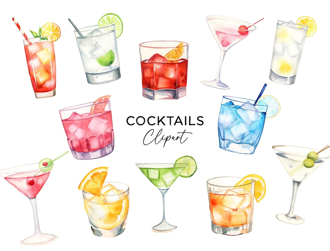 Cocktail Clipart Bundle, Watercolor Alcoholic Drinks Martini ...