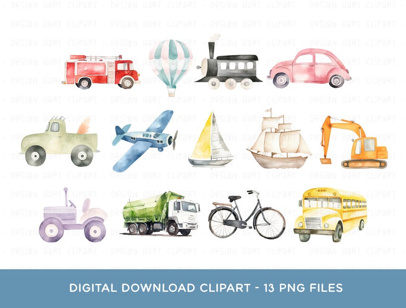 Transport Clipart Bundle Set, Watercolor School Bus Car Plane Train ...