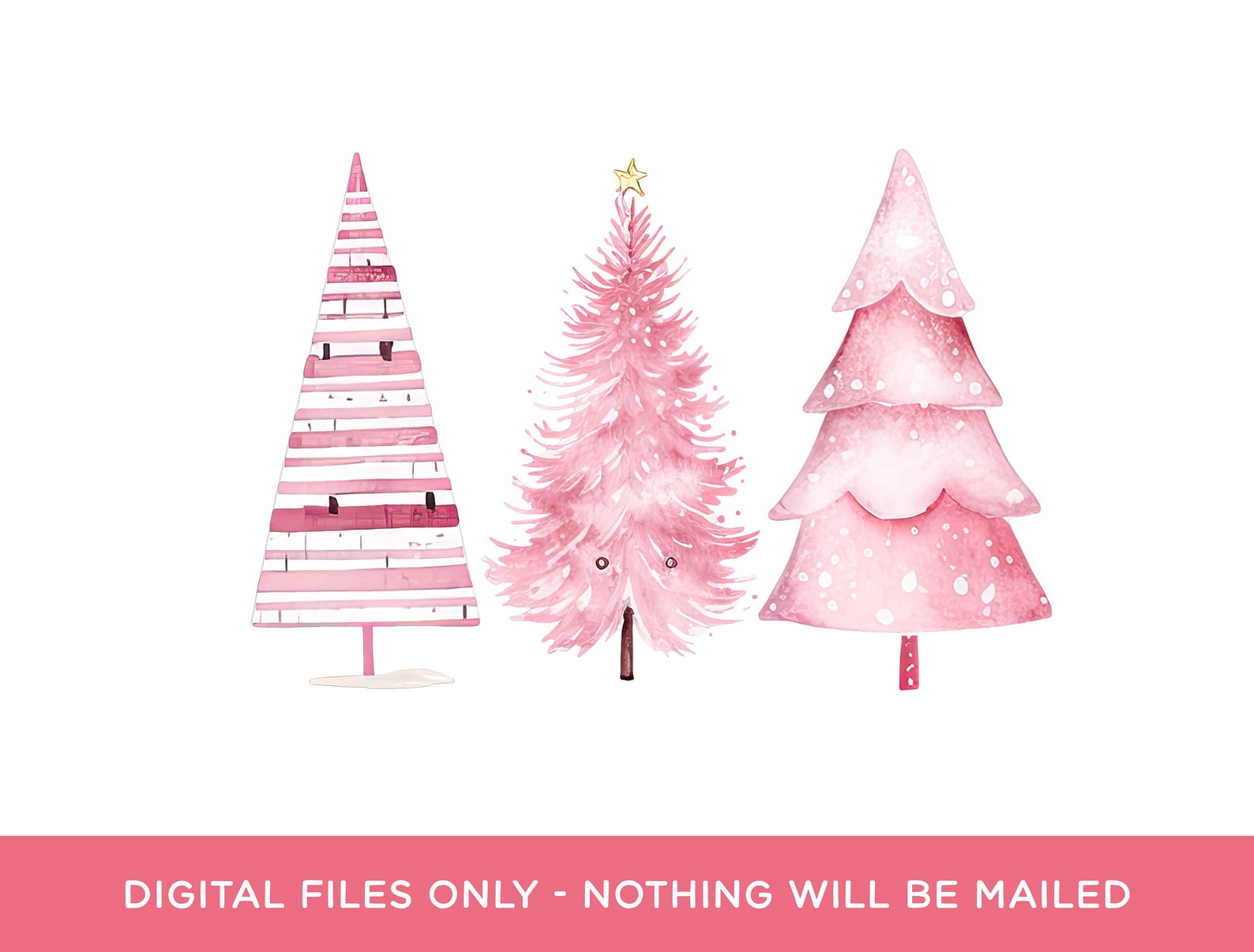 Pink Christmas Tree Clipart Bundle, Pastel Watercolor Xmas Trees PNG ...