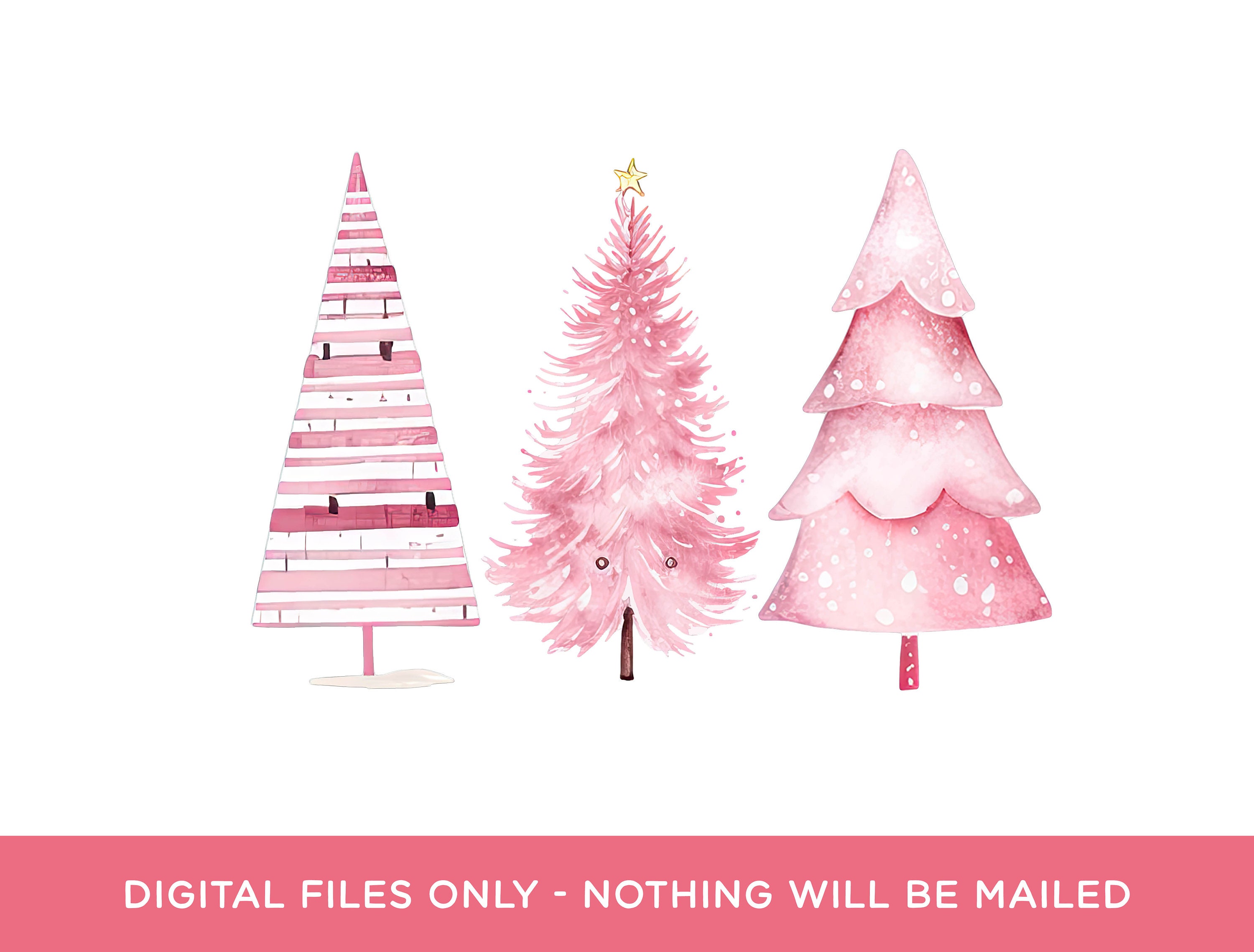 Pink Christmas Tree Clipart Bundle, Pastel Watercolor Xmas Trees PNG ...