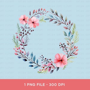 Botanical Wreath Clipart - Watercolor Wildflower Floral PNG in Pink ...