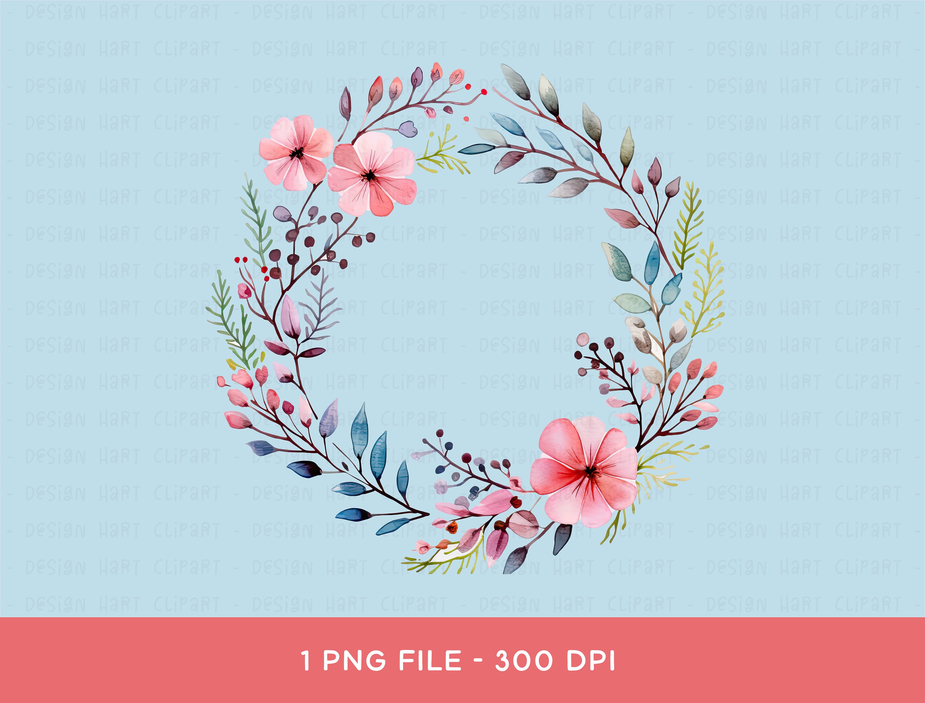 Botanical Wreath Clipart Watercolor Wildflower Floral PNG in Pink ...