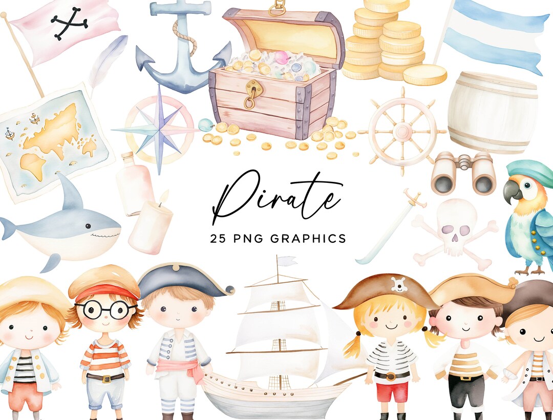 Pirate Clipart Bundle - Watercolor Treasure Ship Map Skulls Nautical ...