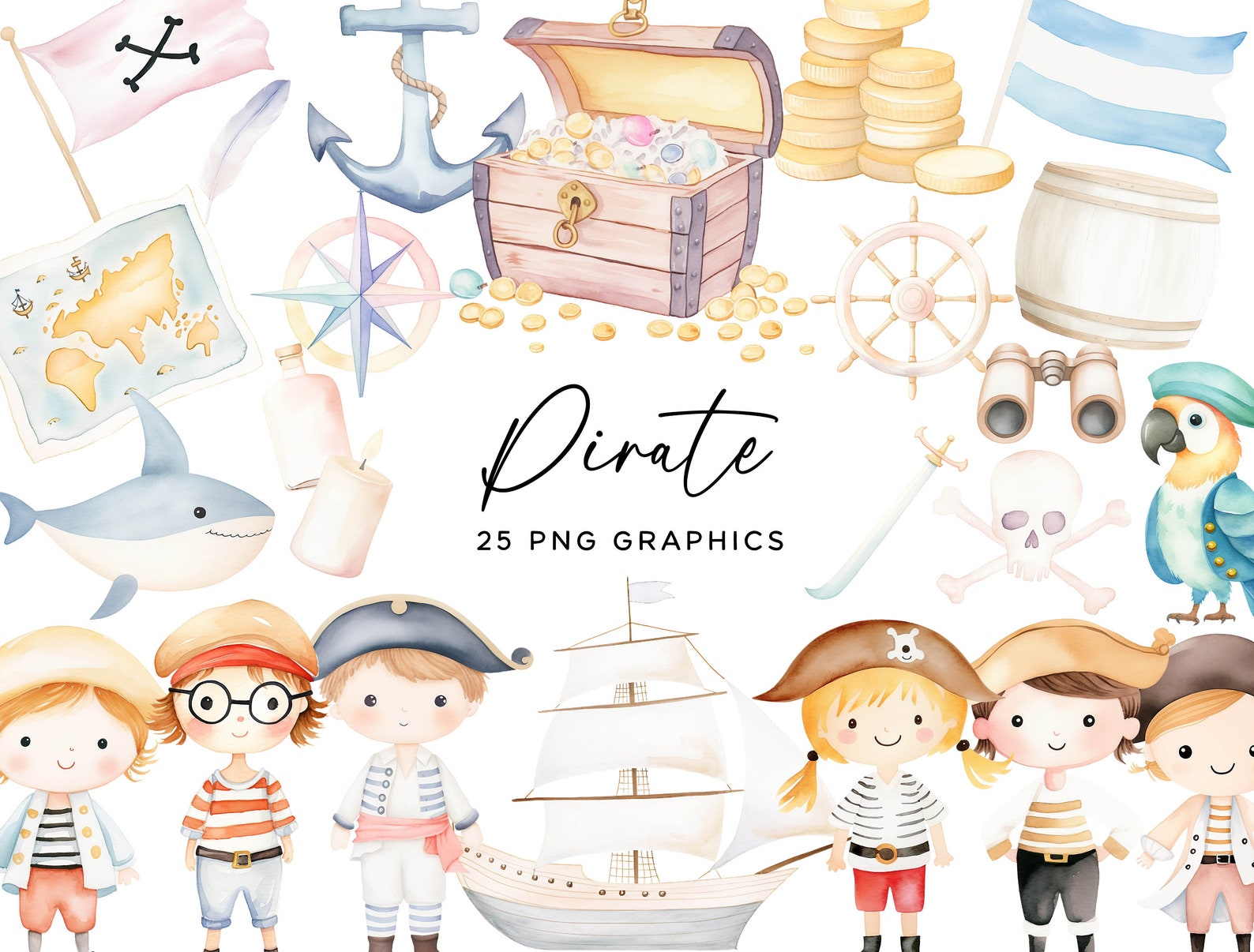 Pirate Clipart Bundle Watercolor Treasure Ship Map Skulls Nautical PNG ...