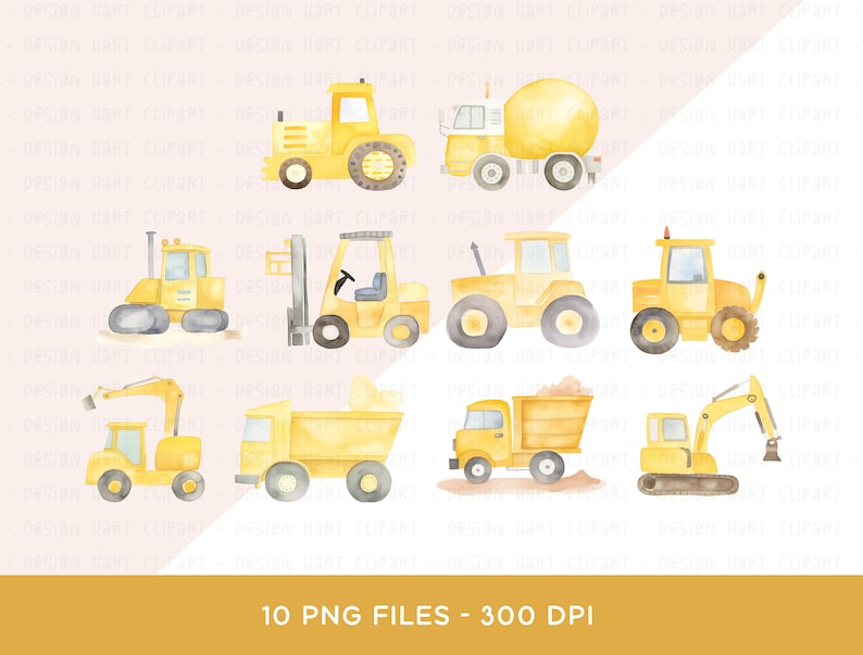 Construction Clipart Bundle, Vehicles Watercolor Digger Excavator Dump ...