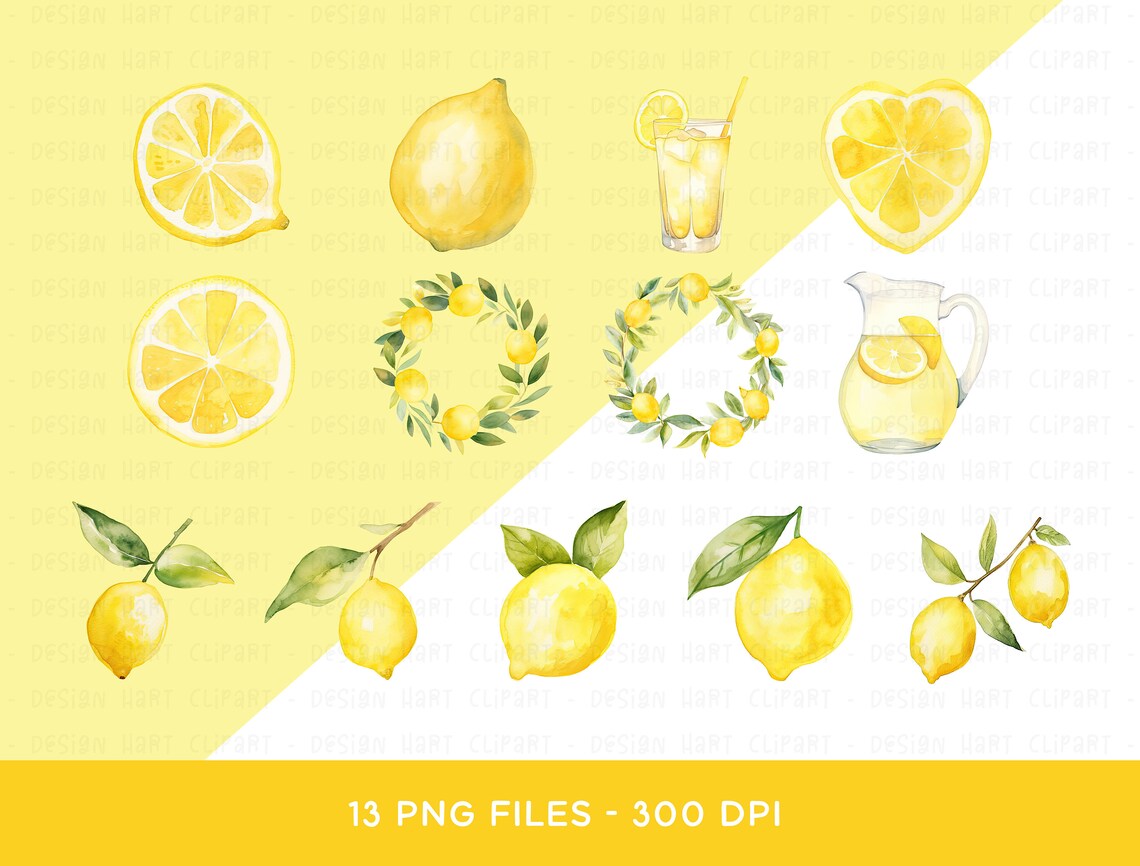 Lemon Clipart Bundle: Watercolor Yellow Lemons Wreath Lemonade PNG ...