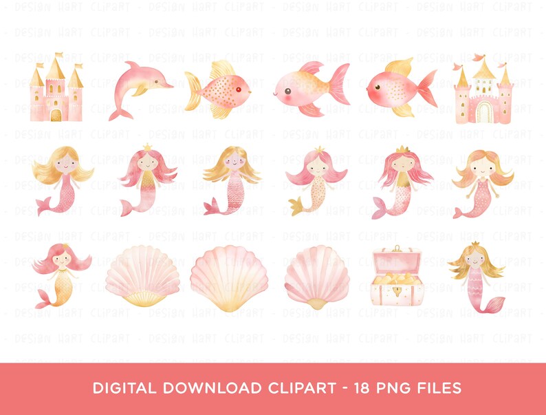 Mermaid Clipart Bundle, PNG Digital Download Watercolor Mermaids Under ...