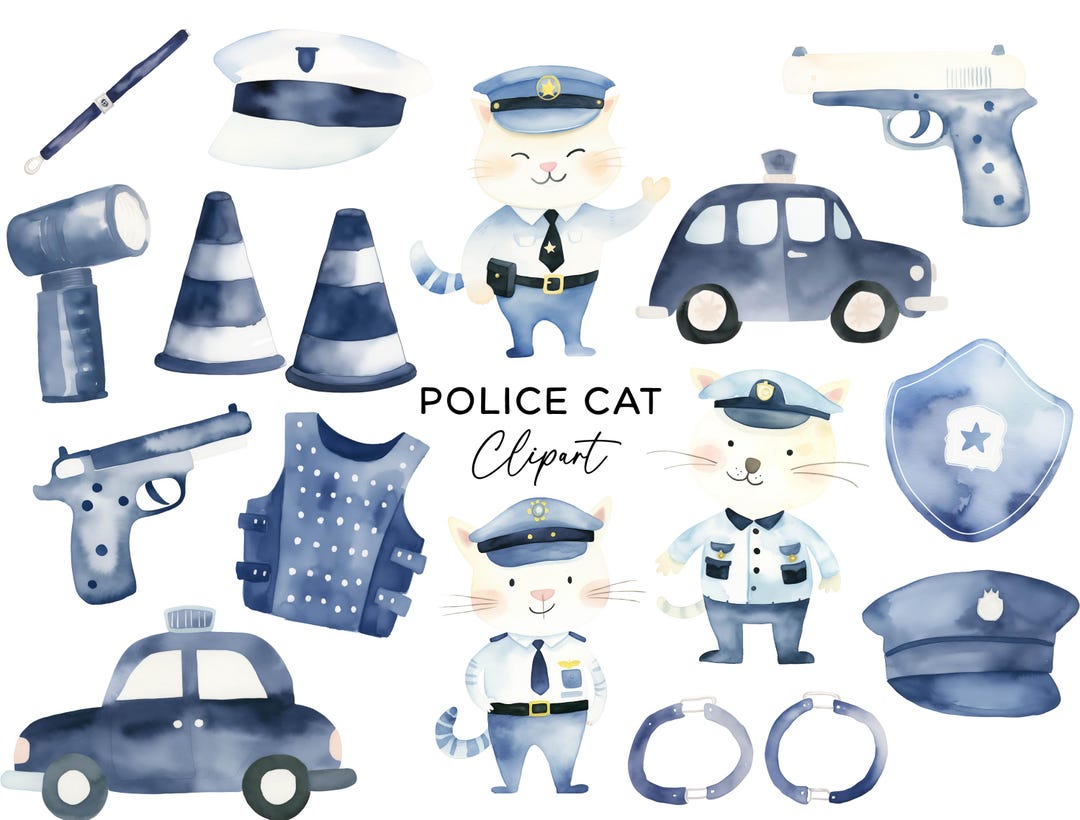 Police Cat Clipart Bundle, Watercolor Kitty Policeman Car Gun Handcuffs ...