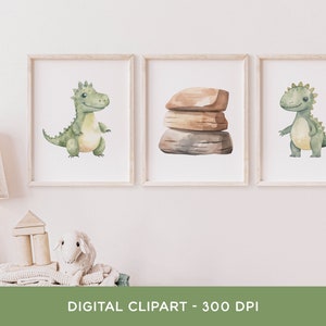 Dinosaur Clipart Bundle, Watercolor T-rex PNG Clip Art for Nursery Art ...