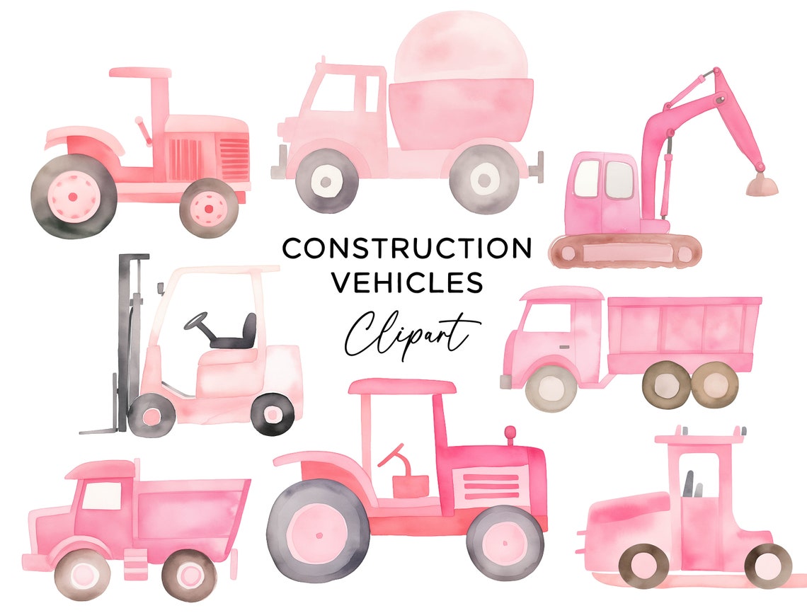 Baufahrzeug-Clipart-Bundle, rosa PNG, digitaler Download, Baumeister ...