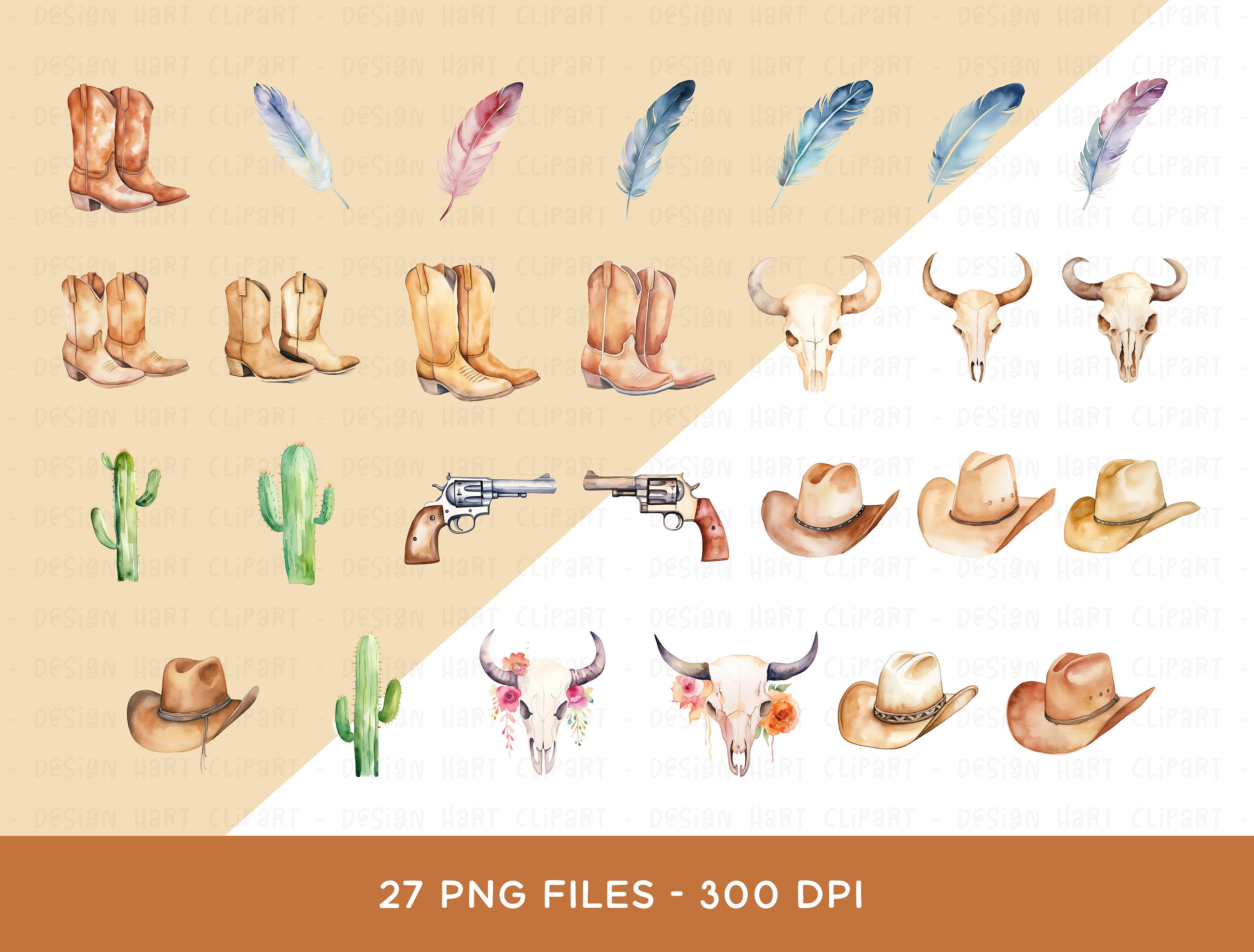 Cowboy Clipart Bundle, Watercolor Rodeo Western Boots Cactus Pistol Cow ...