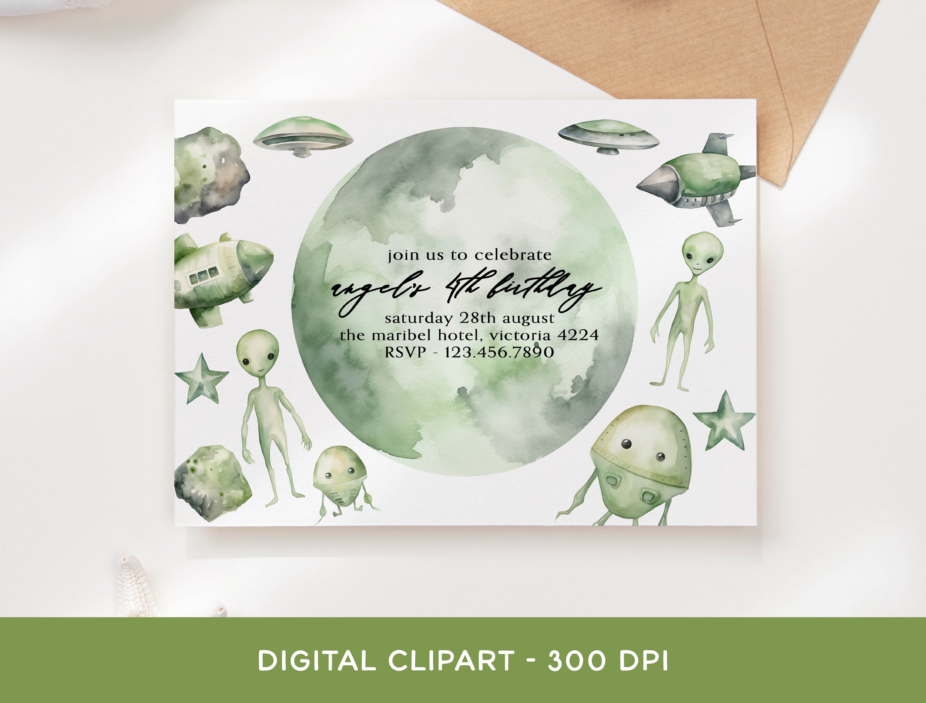 Alien Clipart Bundle Watercolor Outer Space UFO Spaceship Planet Green ...