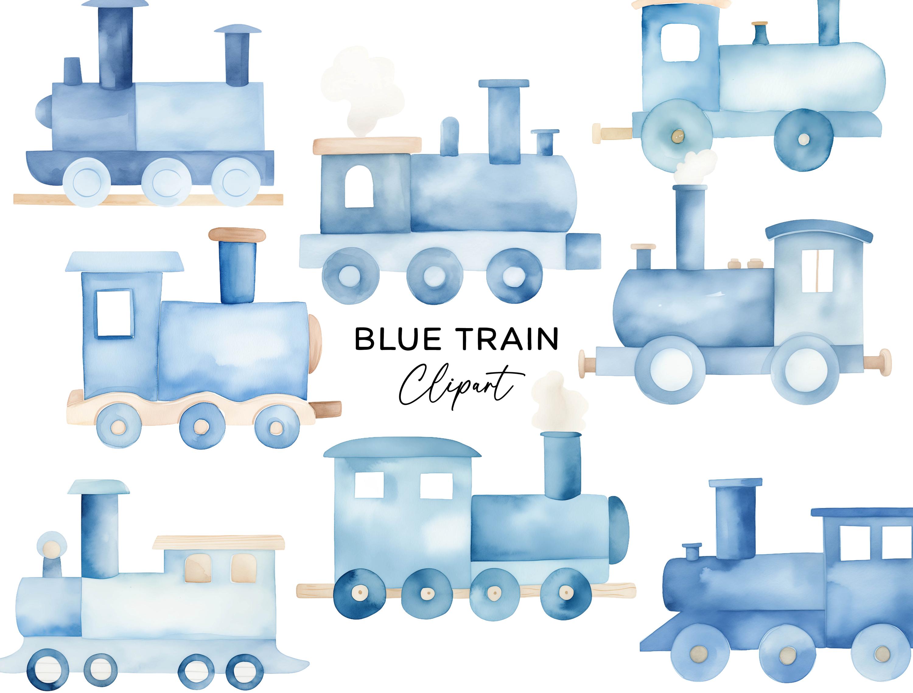 Train Clipart Bundle, PNG Download Watercolor Blue Vintage Classic ...