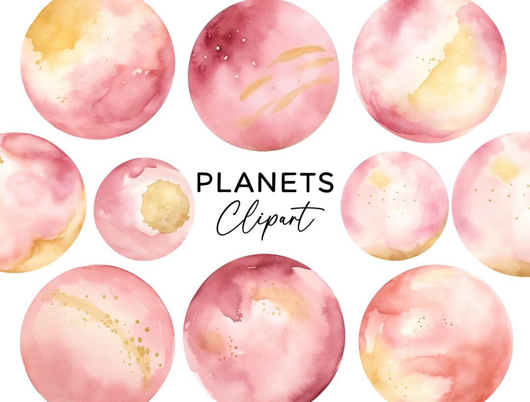 Pink Planets Clipart, Watercolor Gold Outer Space Galaxy PNG for Kids ...