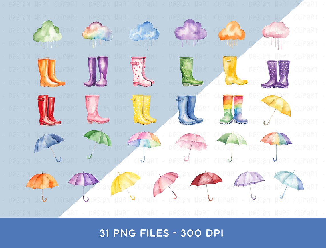 Umbrellas & Gumboots Clipart Bundle, Watercolor Wellies Brollies Rain ...