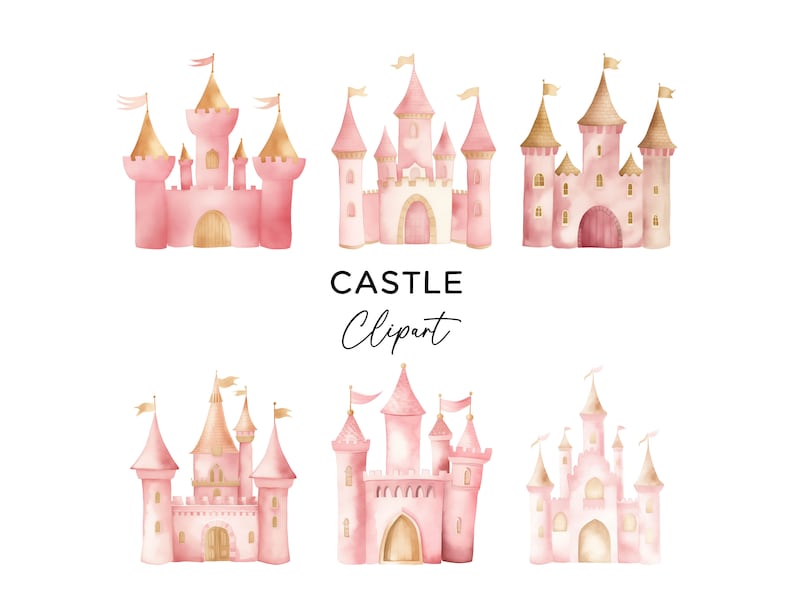 Pink Castle Clipart Bundle, Princess Magical Fairytale Pink Gold Girls ...