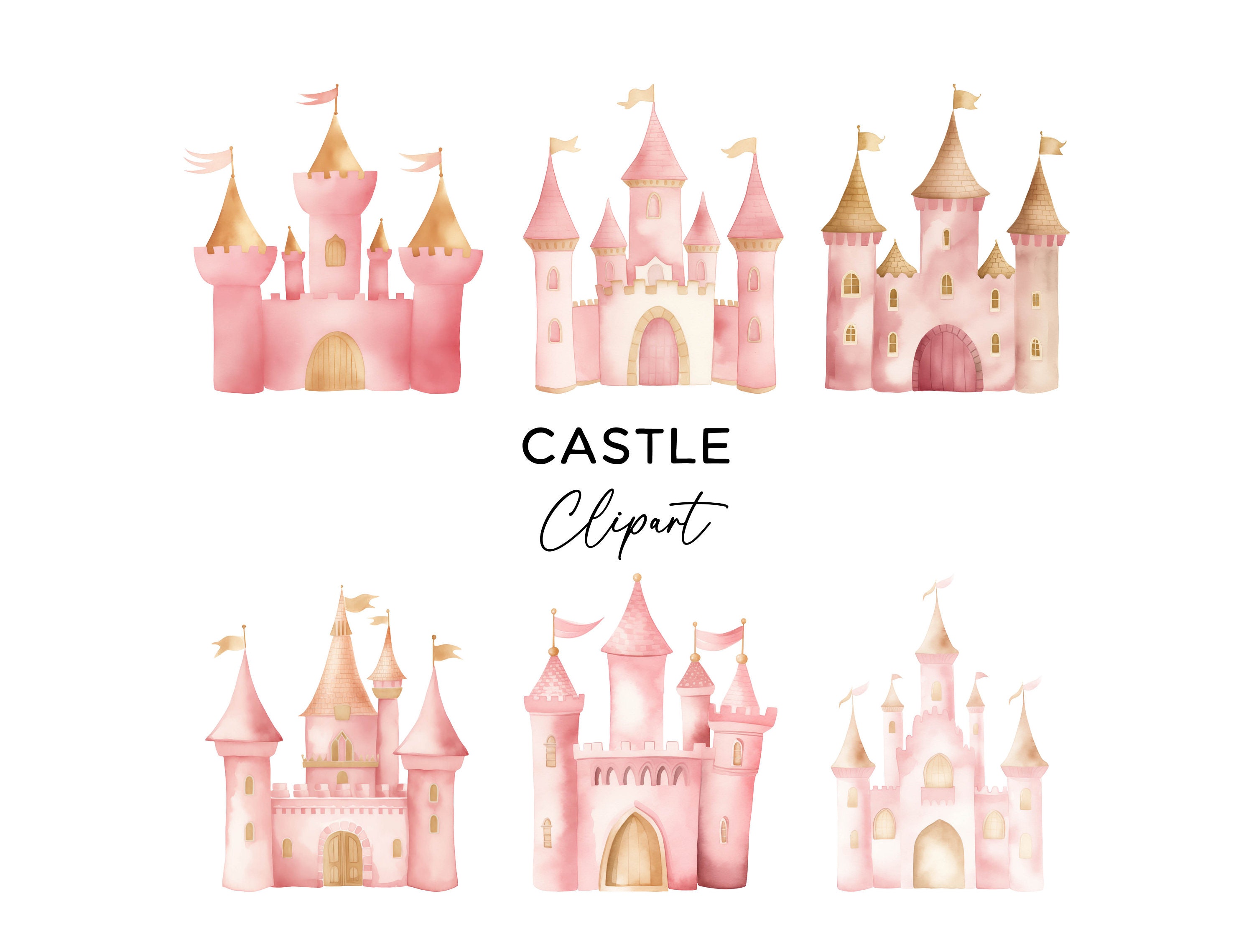 Pink Castle Clipart Bundle, Princess Magical Fairytale Pink Gold Girls ...