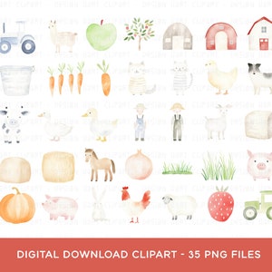 Farm Animal Clipart Bundle, Watercolor Barnyard Animals Pig Cow Horse ...