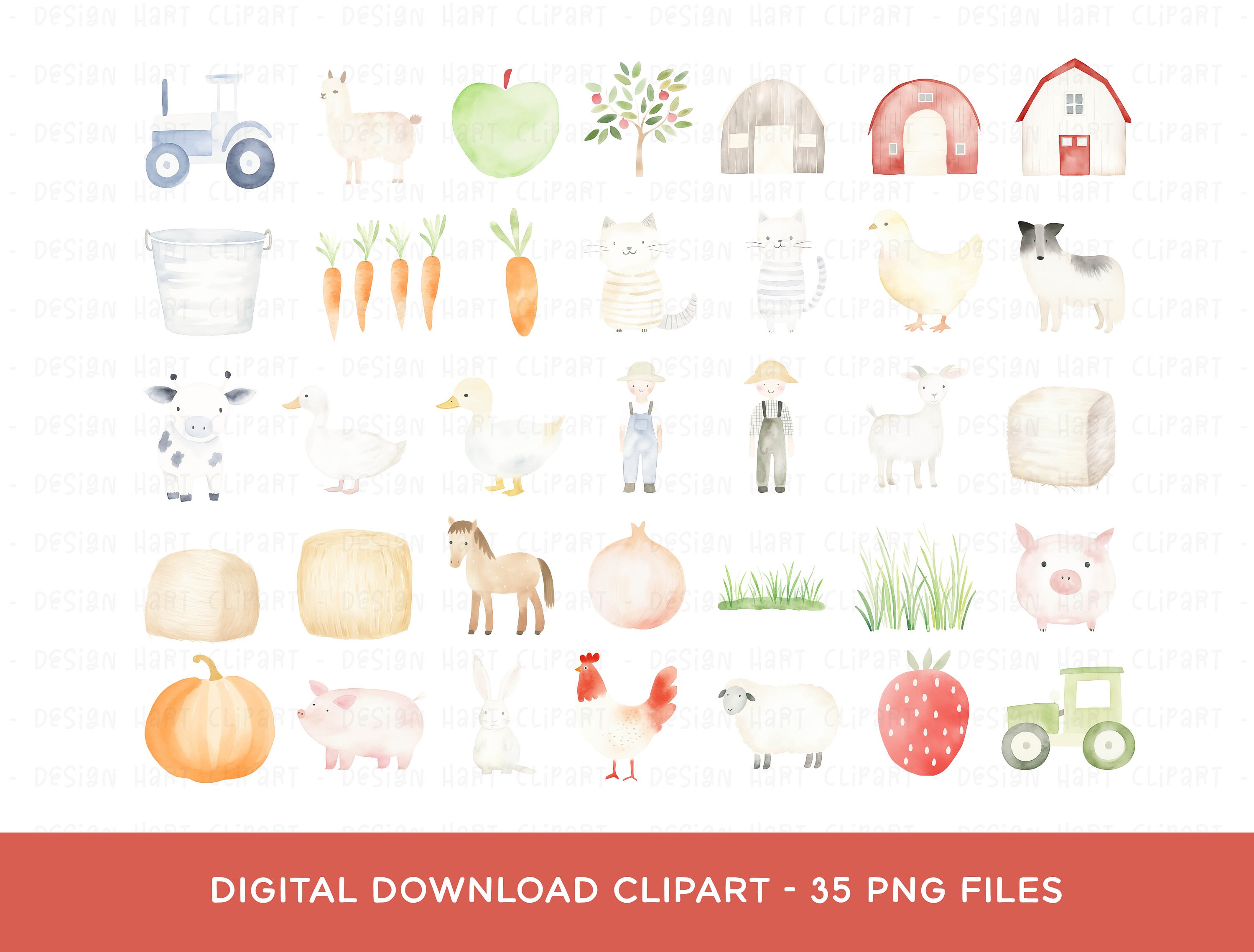 Farm Animal Clipart Bundle, Watercolor Barnyard Animals Pig Cow Horse ...