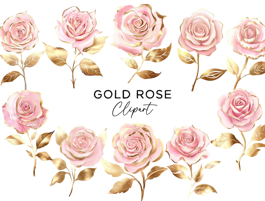 Gold Rose Clipart Bundle, Watercolor Pink Gold Roses, Floral Botanical ...