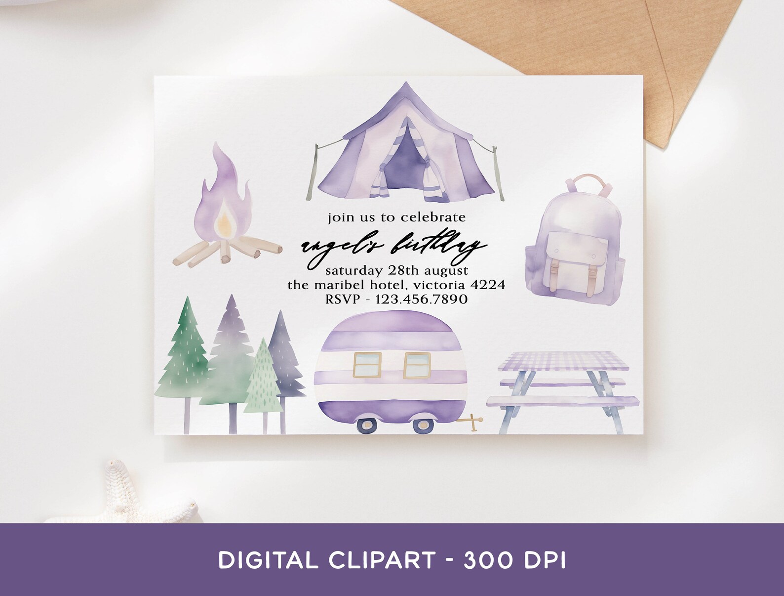 Camping Clipart Bundle, Purple Pastel Adventure Watercolor Camper Tent ...