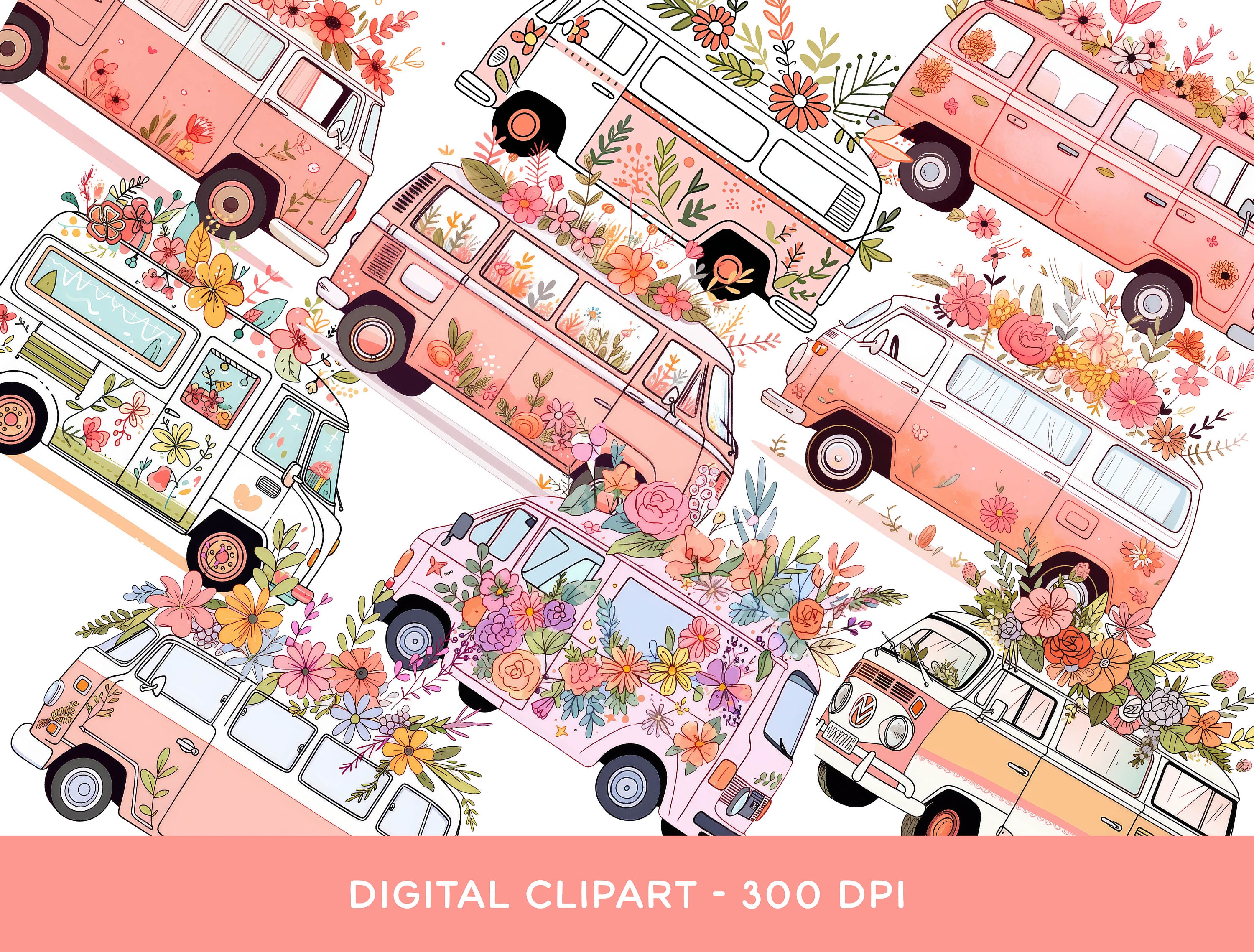 Retro Floral Van Clipart Bundle, Groovy Pastel Flowers PNG Digital ...
