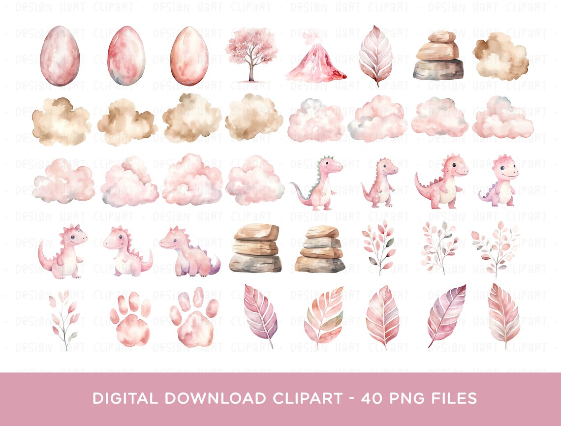 Dinosaur Clipart Bundle, Watercolor Girls Pink T-rex Prehistoric Dino ...